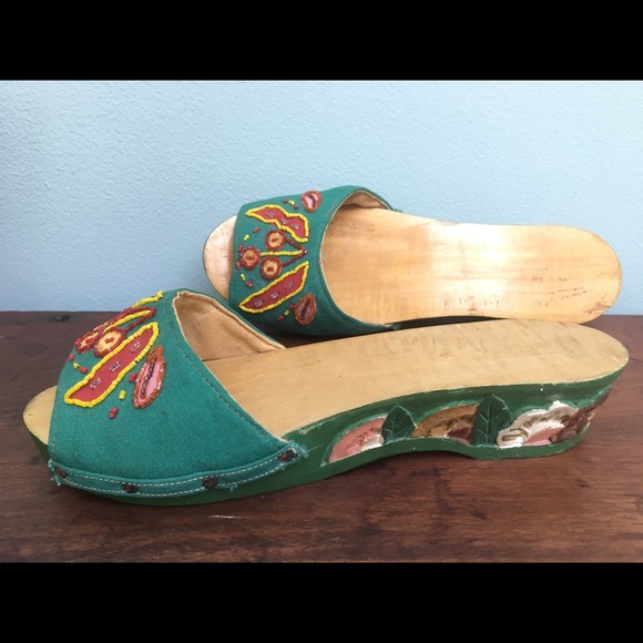 Vintage | Shoes | Vintage Wooden Carved Platform Beaded Bakya Sandal ...